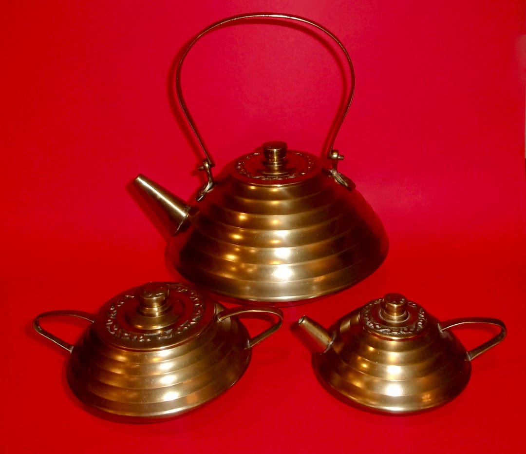 KOREAN TEA SET Solid Brass Teapot Creamer Sugar Bowl Ornate Raised ...