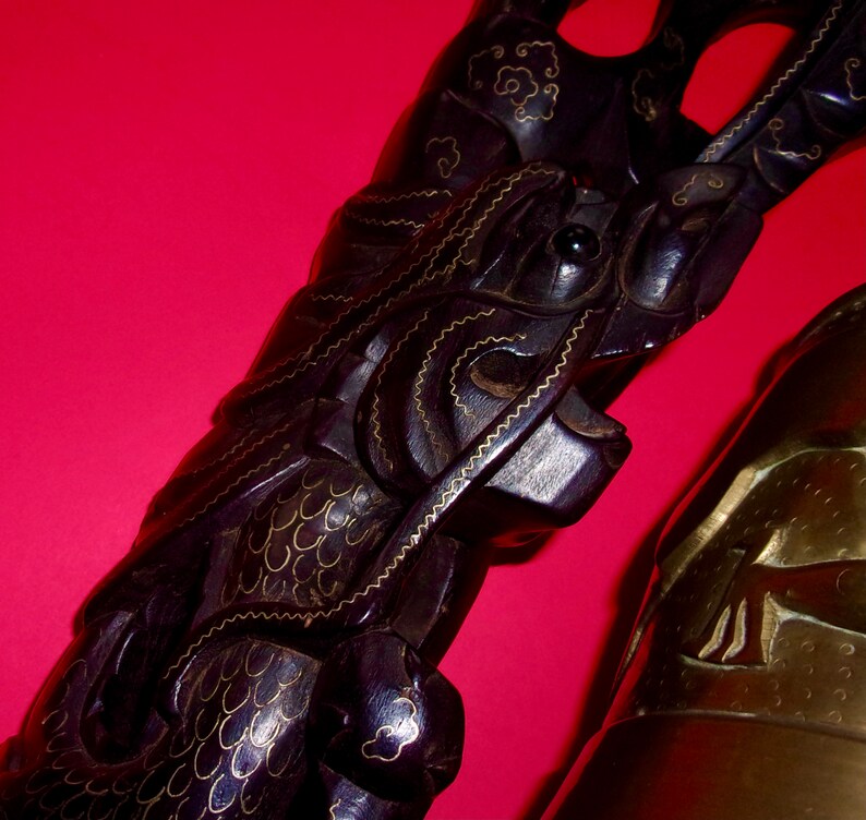 TEMPLE BELL WOOD Frame Brass Mahogany Hand Carved Chinese Double ...