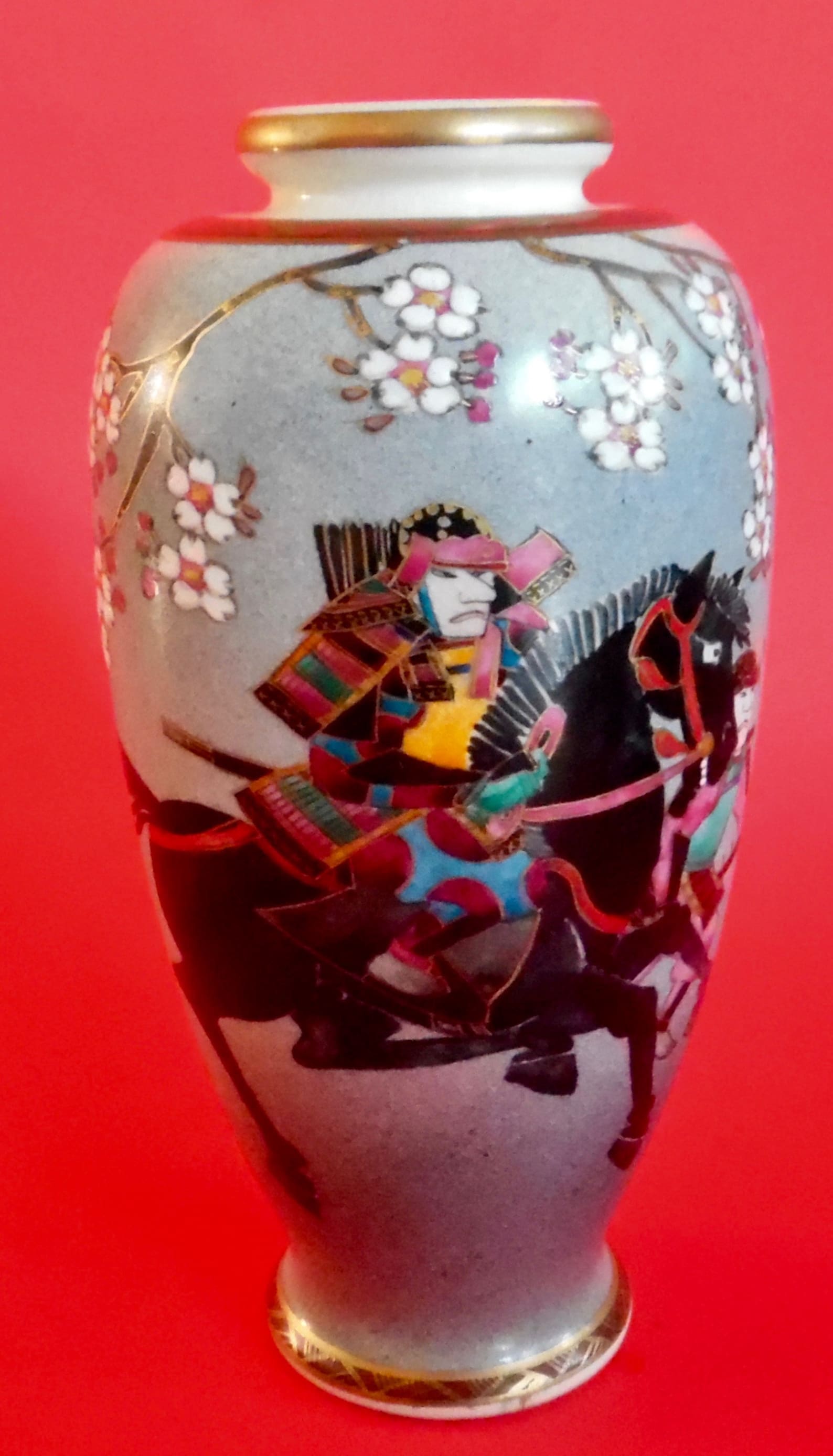 ANTIQUE SATSUMA VASE Pottery Samurai Black Horse Cherry | Etsy