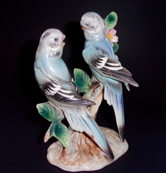PARAKEETS FIGURINE On BRANCH Pair Blue Flowering Leaves | Etsy