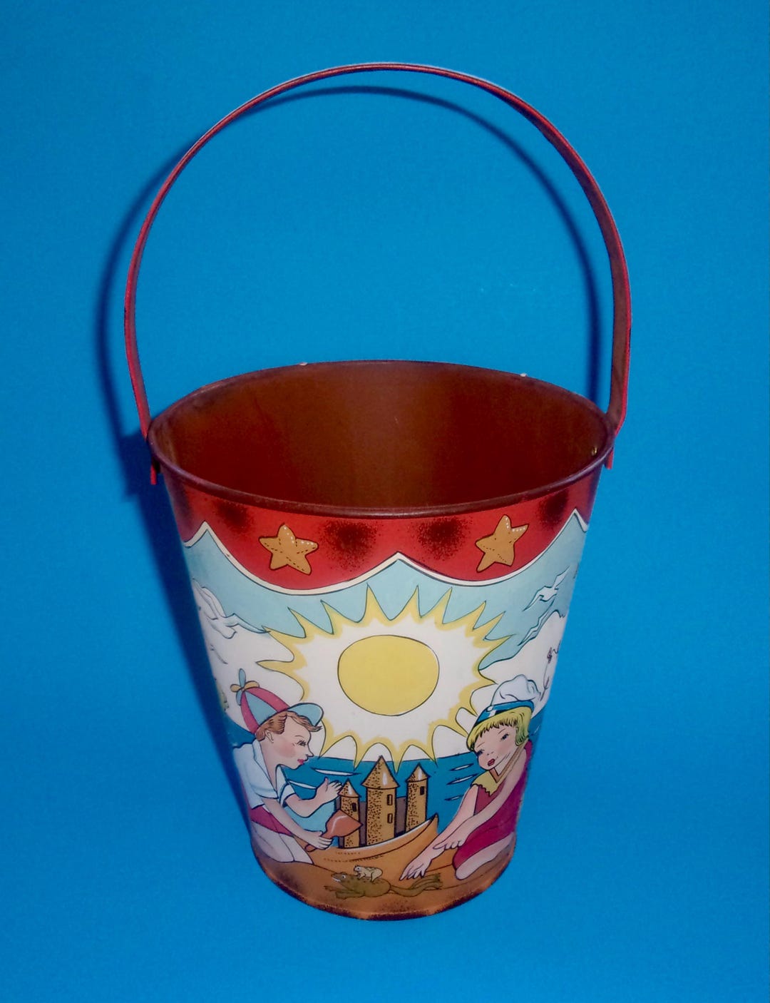 SAND BUCKET PAIL Metal Litho Painted Vintage Inspired Beach Boys Girls ...