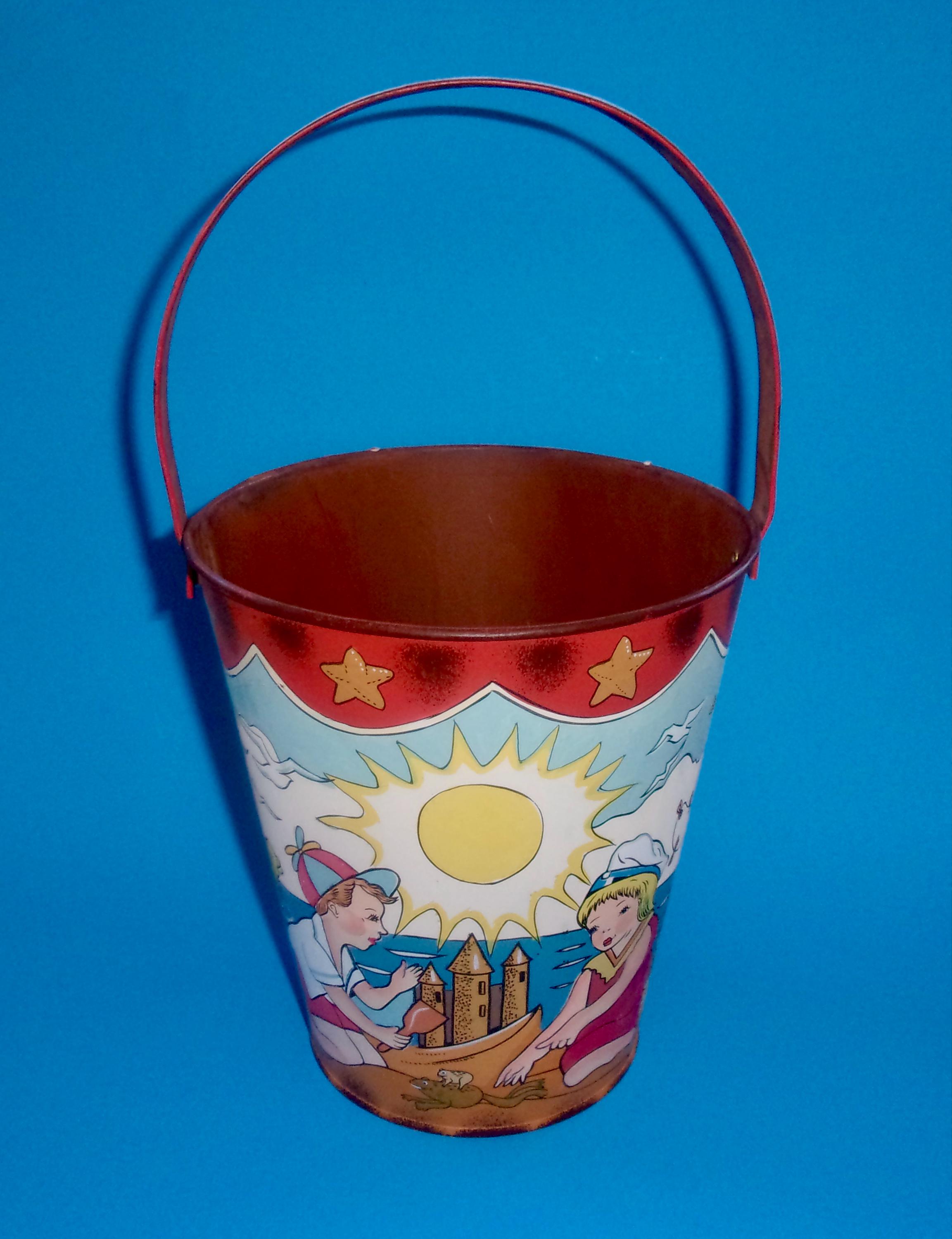 SAND BUCKET PAIL Metal Litho Painted Vintage Inspired Beach Boys Girls ...