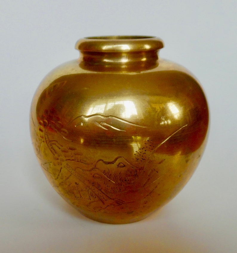 JAPANESE BRASS VASE Solid Engraved Scene Landscape Mountains | Etsy