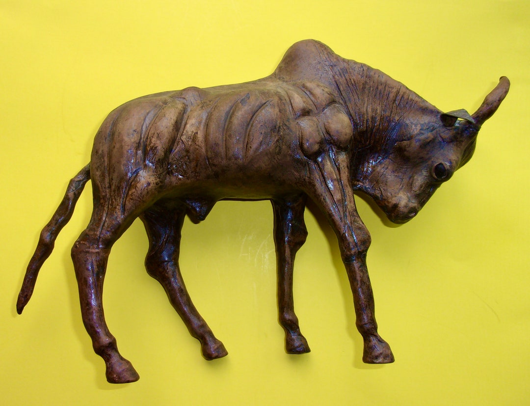LEATHER BULL VINTAGE Figurine Sculpture Statue Glass Eyes Muscular Head ...
