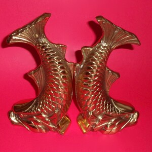 BRASS KOI BOOKENDS Dragon Fish Pair Goldfish Carp Solid Lacquered Brass ...