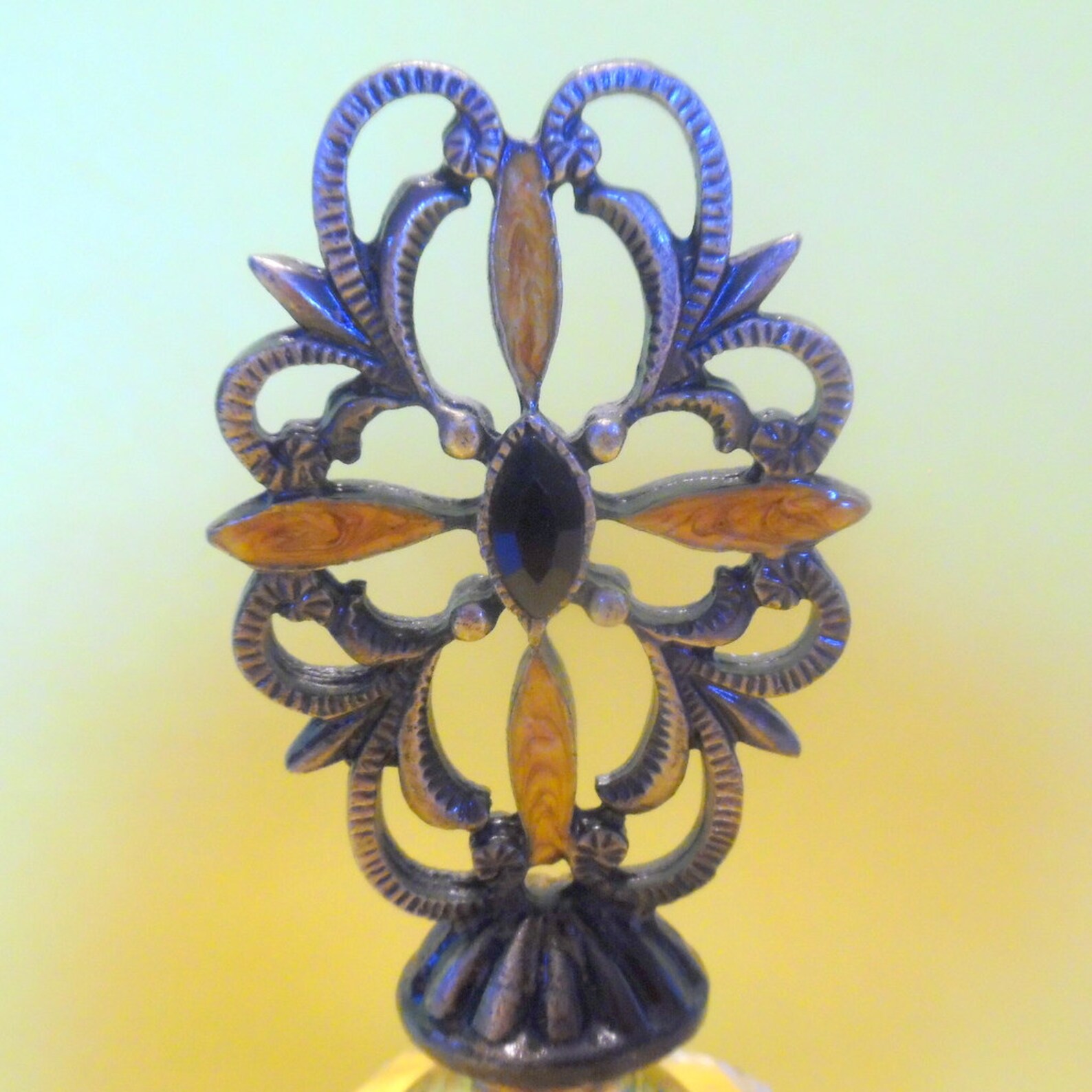 Cut GLASS PERFUME BOTTLE Octagon Dauber Brass Openwork Enamel Floral ...