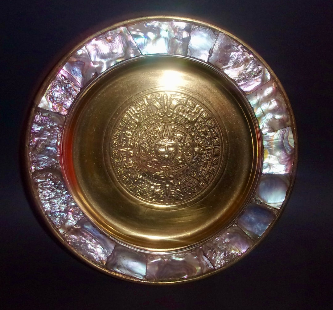 BRASS MAYAN CALENDAR Abalone Mosaic Shell Hanging Vintage Mexico Aztec ...