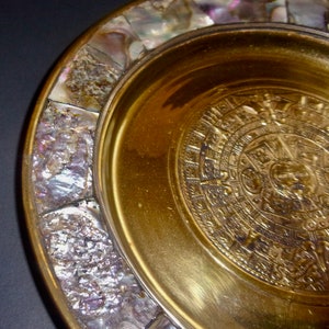 BRASS MAYAN CALENDAR Abalone Mosaic Shell Hanging Vintage Mexico Aztec ...