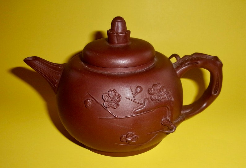 YIXING TEAPOT CLAY Purple Chinese Embossed Plum Blossoms Branches Acorn ...