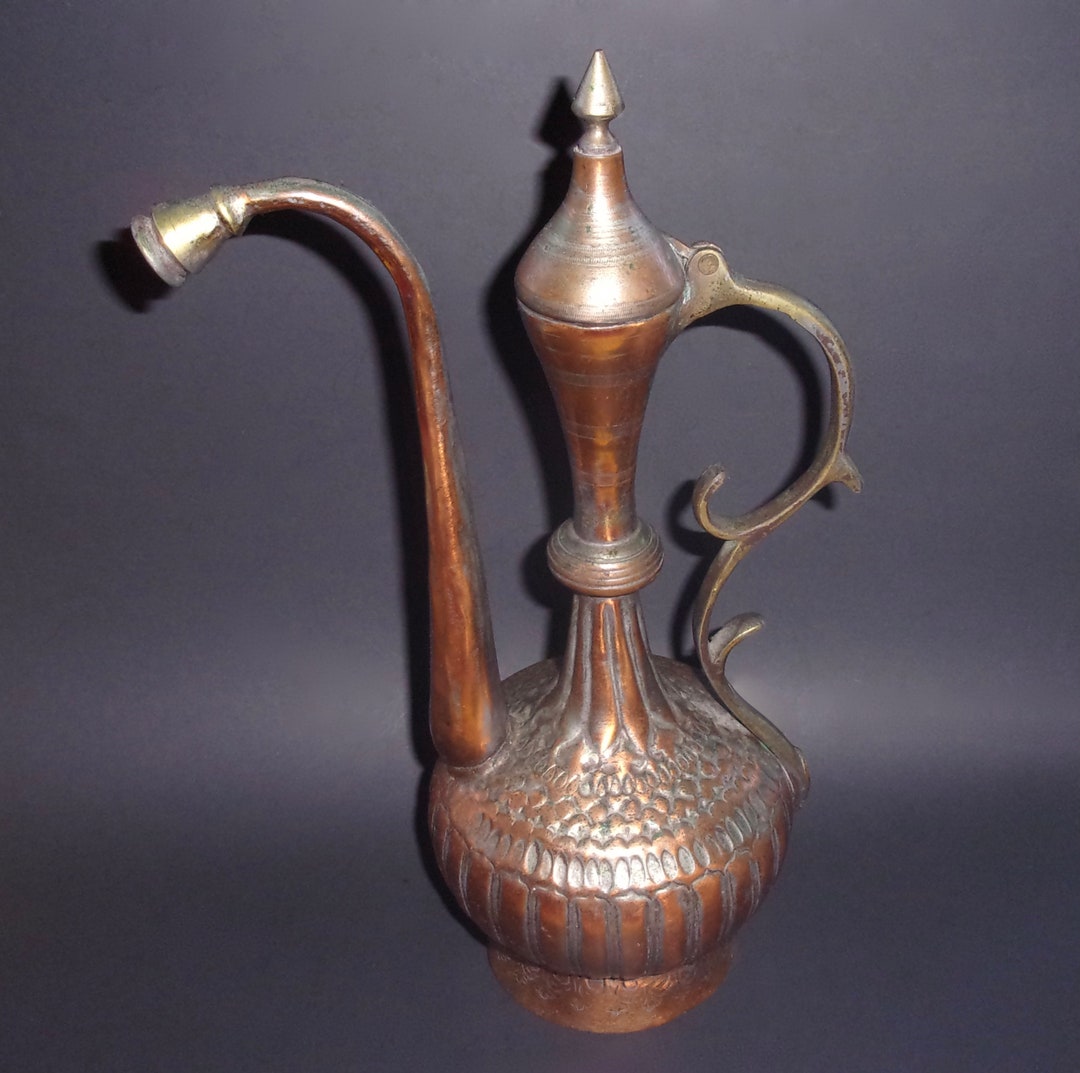 TURKISH EWER PITCHER Antique Copper Brass Tin Metal Heavyweight Islamic ...