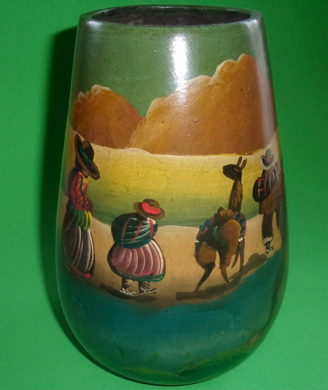 PERUVIAN POTTERY VASE Vintage Colorful Large Alpaca Llama Trees Rocky ...