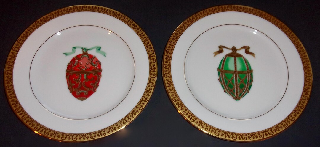 GOLD BUFFET FABERGE Egg Motif Plates Set Two Royal Gallery Made Sri ...