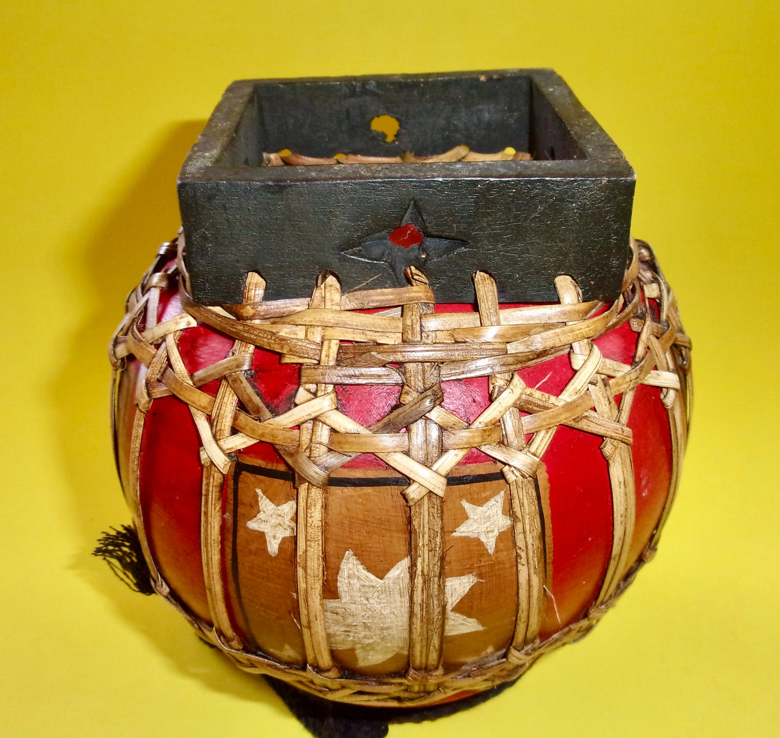 Vintage THAI RICE BUCKET Red Lacquer Over Woven Basket Wood Base Rim ...
