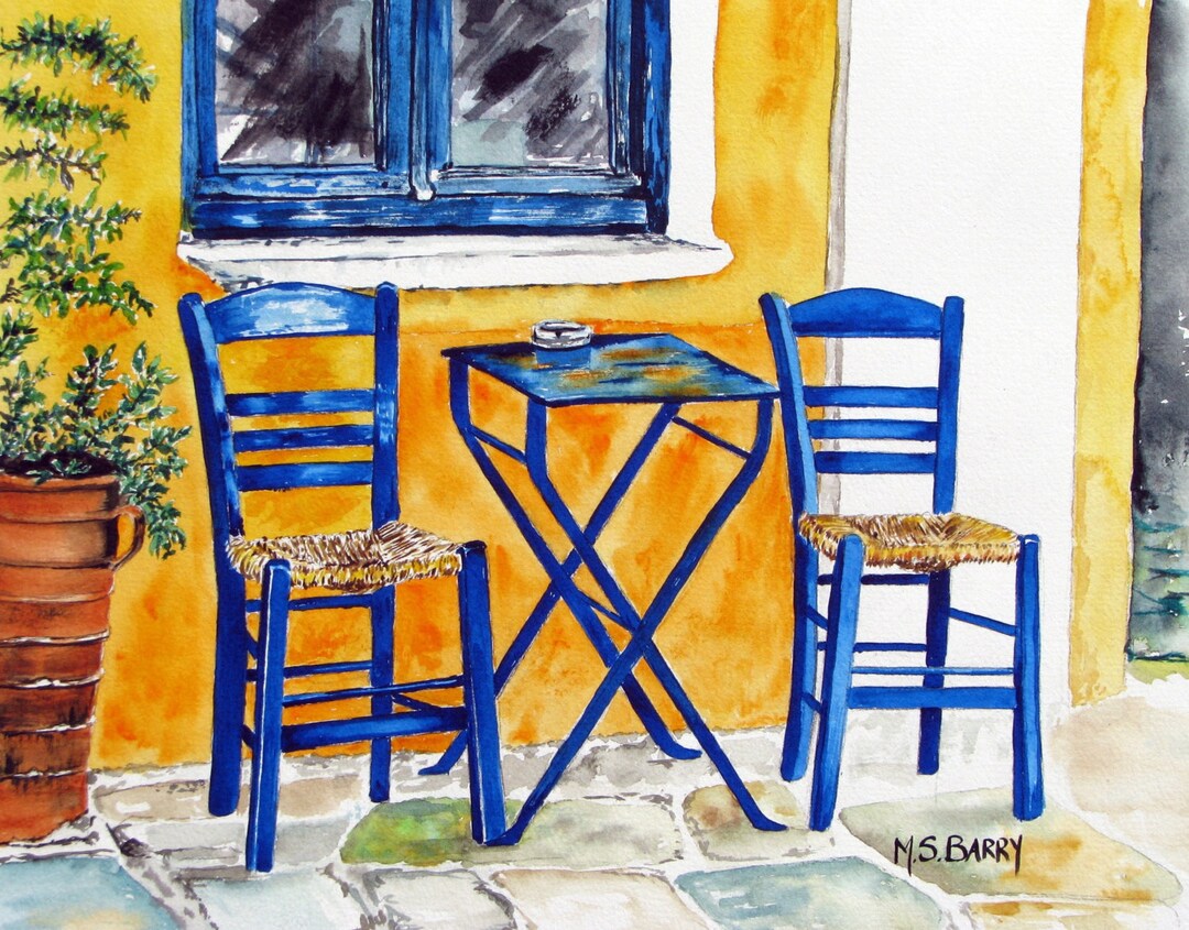 Watercolor of Table and Chairs in Greece. Greek Print of an Original ...