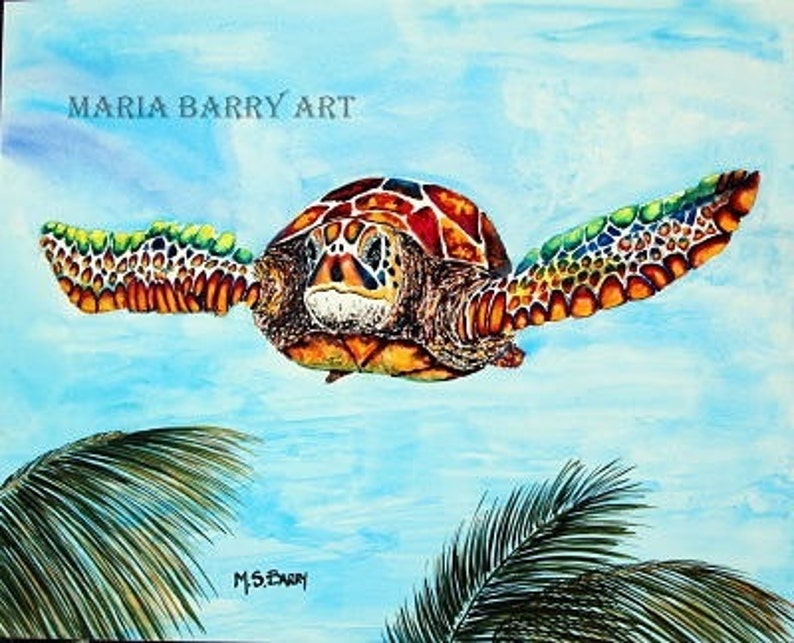 Sea Turtle: Final Approach" Painting of a Turtle in Flight Over Florida ...