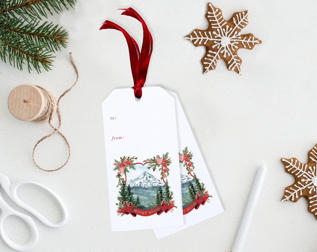 Watercolor Mount Hood Crest Christmas Hanging Gift Tags With Ribbon ...