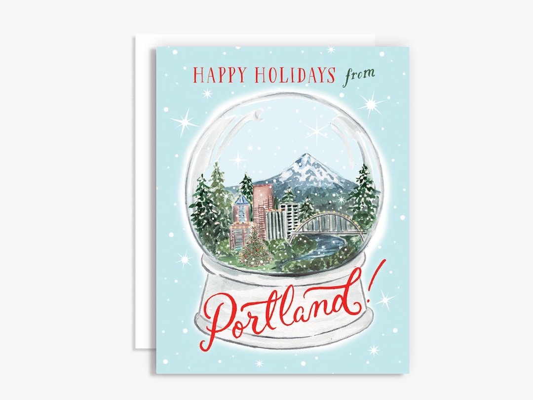 Happy Holidays From Portland Snow Globe Greeting Card - Watercolor ...