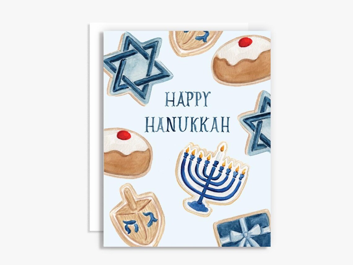 Happy Hanukkah Cookie Watercolor Greeting Card - Watercolor Hanukkah ...