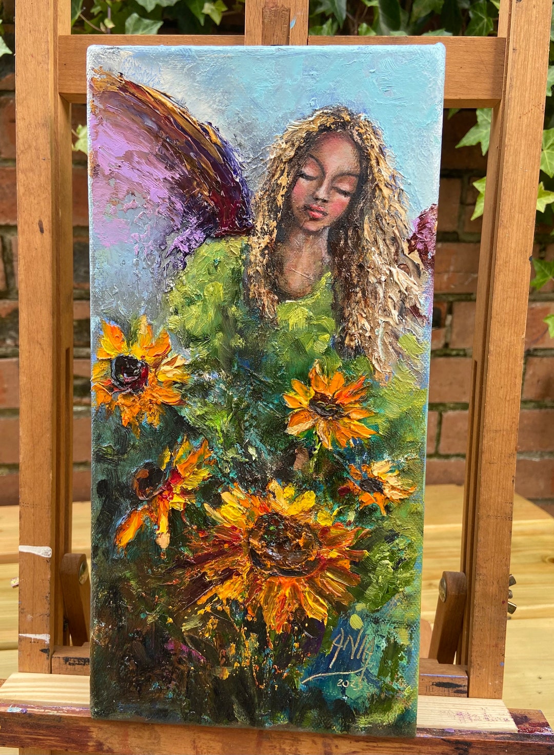 Angel With Sunflowers: Original Palette Knife Oil Painting (15x30cm) - Etsy