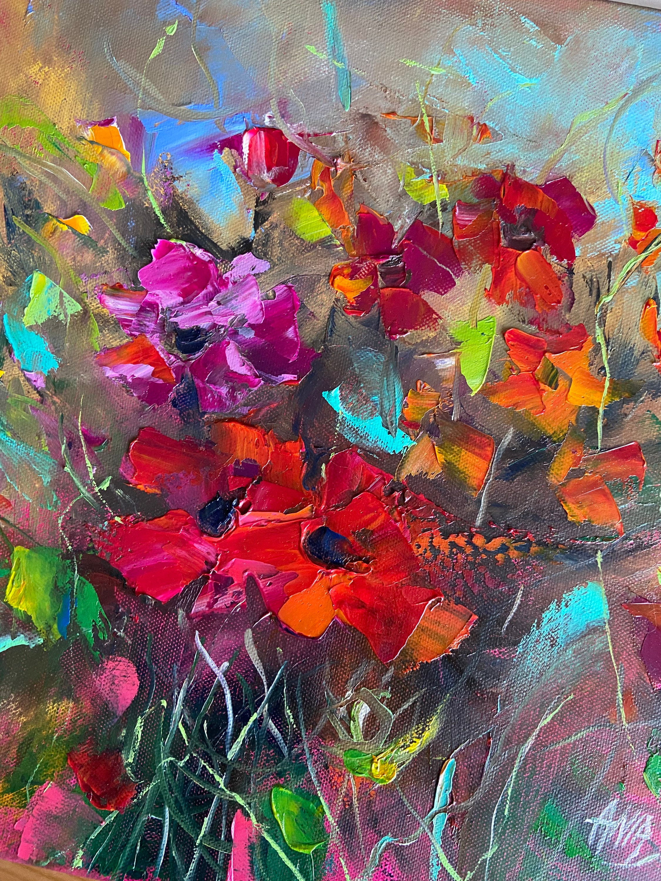 Happiness in Bloom. Abstract Flowers Stretched Canvas. Oil Painting ...