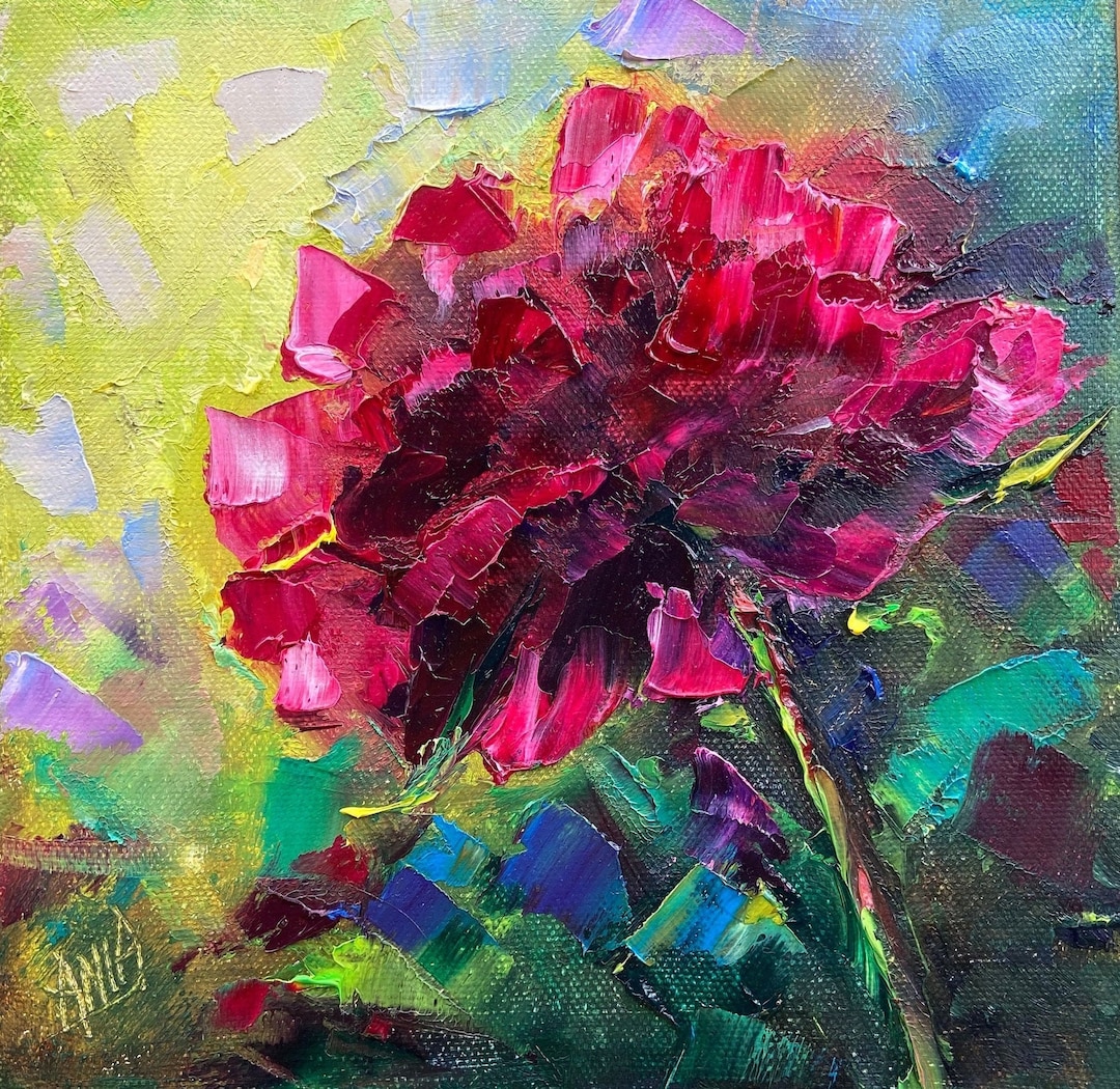 Peony Delight: Original Palette Knife Oil Painting on Canvas (20cm X ...