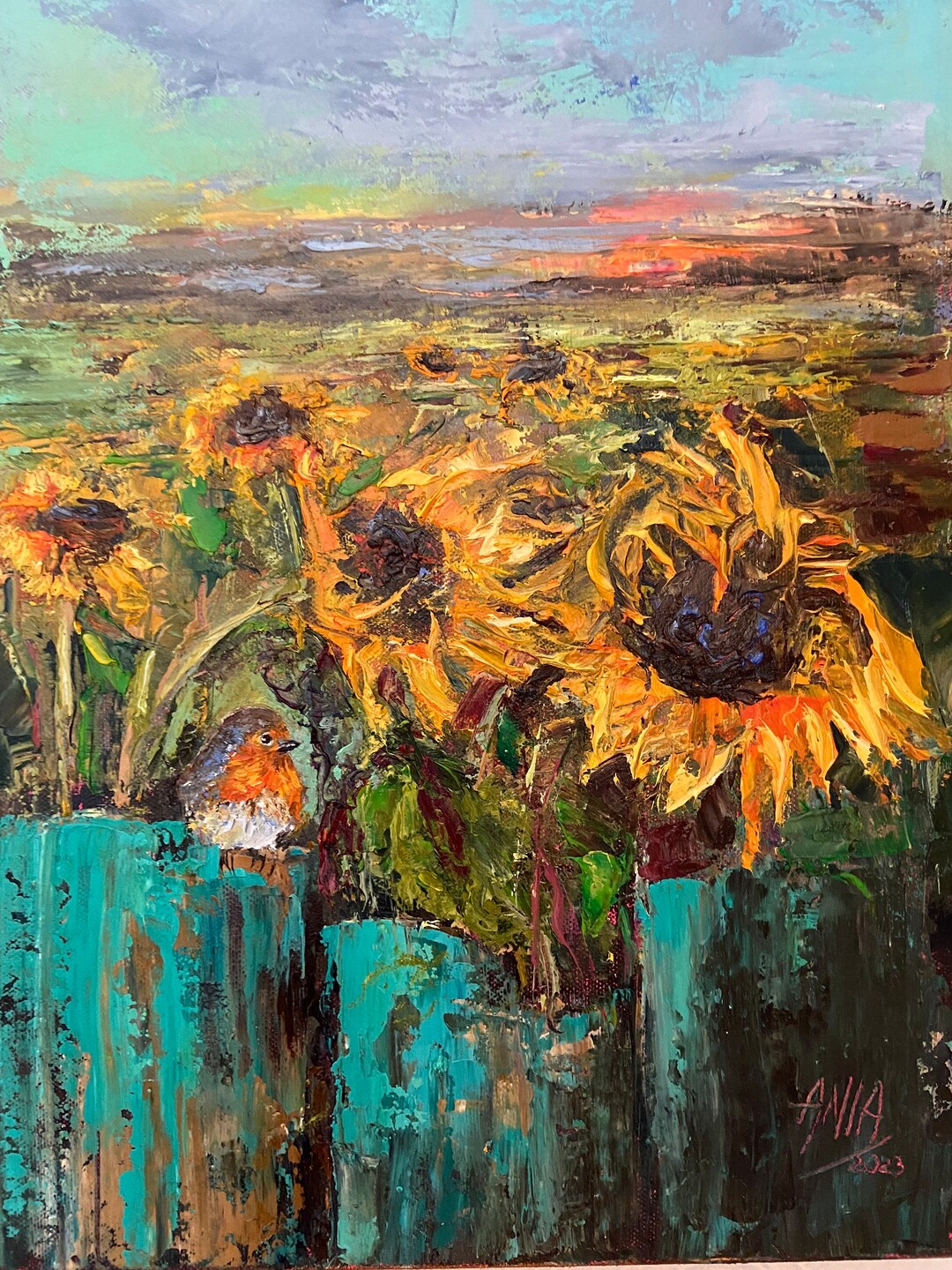Robin and Sunflowers. Morning Dance of Sunflowers. ORIGINAL OIL ...