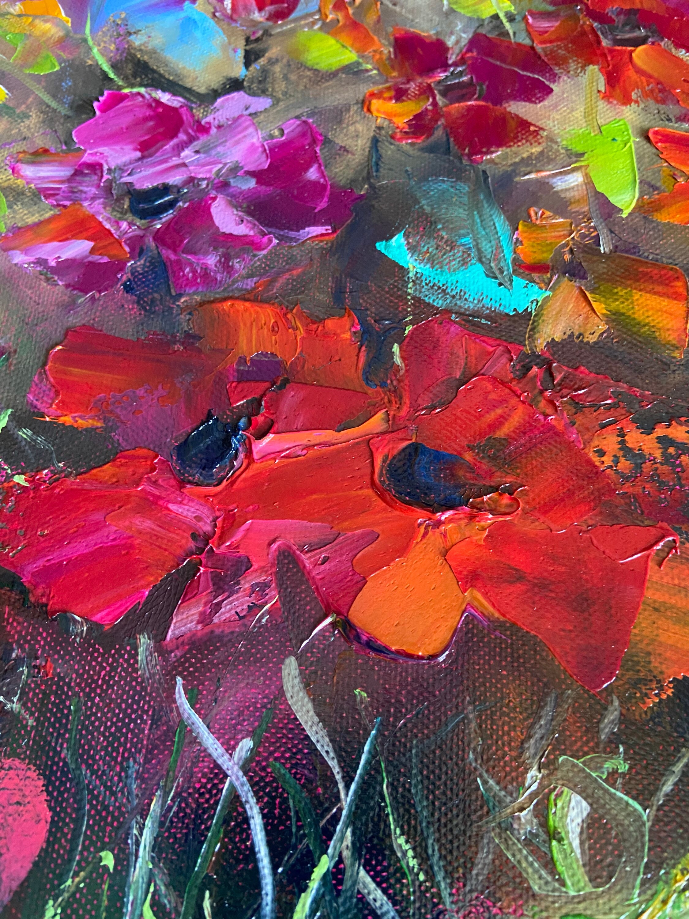 Happiness in Bloom. Abstract Flowers Stretched Canvas. Oil Painting ...