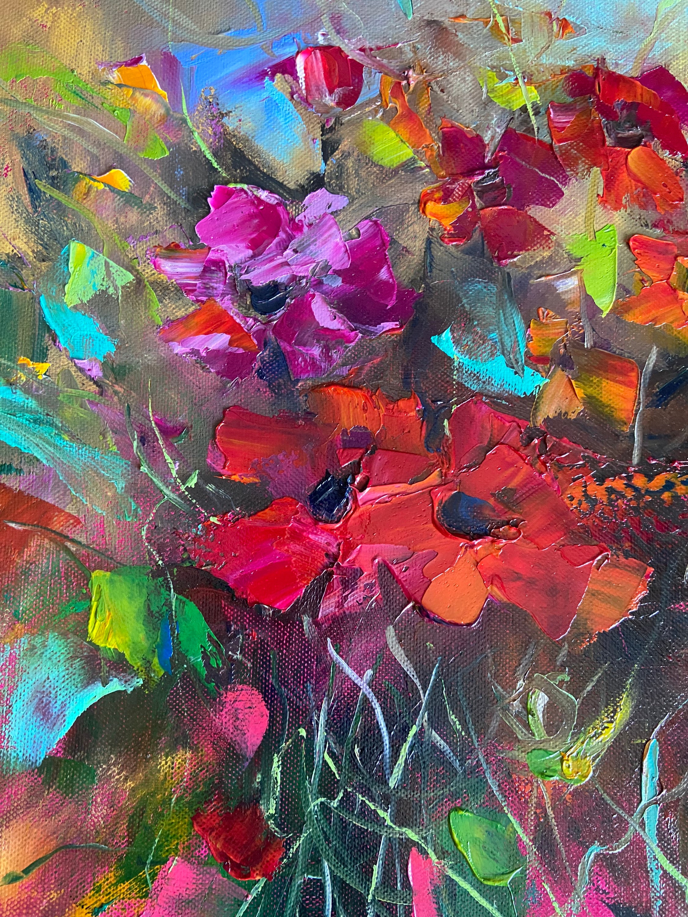 Happiness in Bloom. Abstract Flowers Stretched Canvas. Oil Painting ...