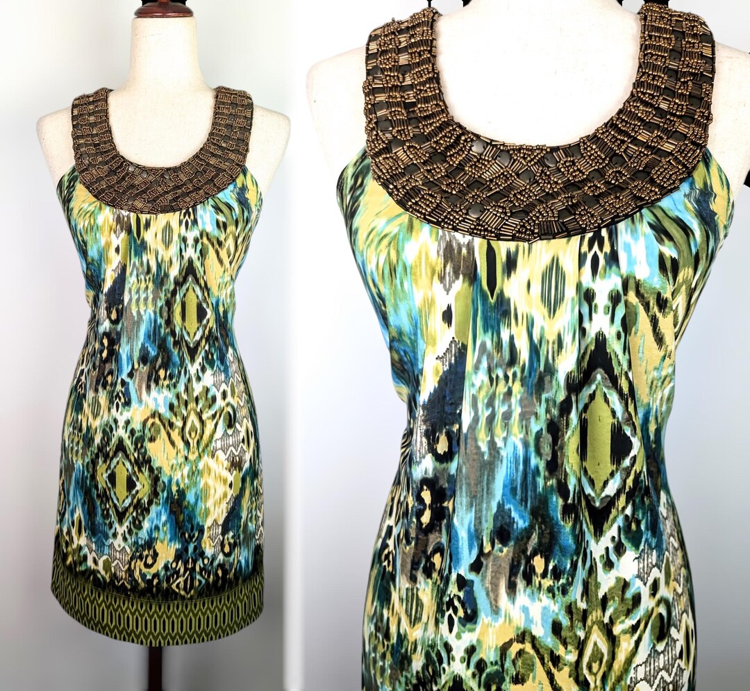 Y2K Embellished Tank Dress Batik Print South West Earth Tones USA Made ...