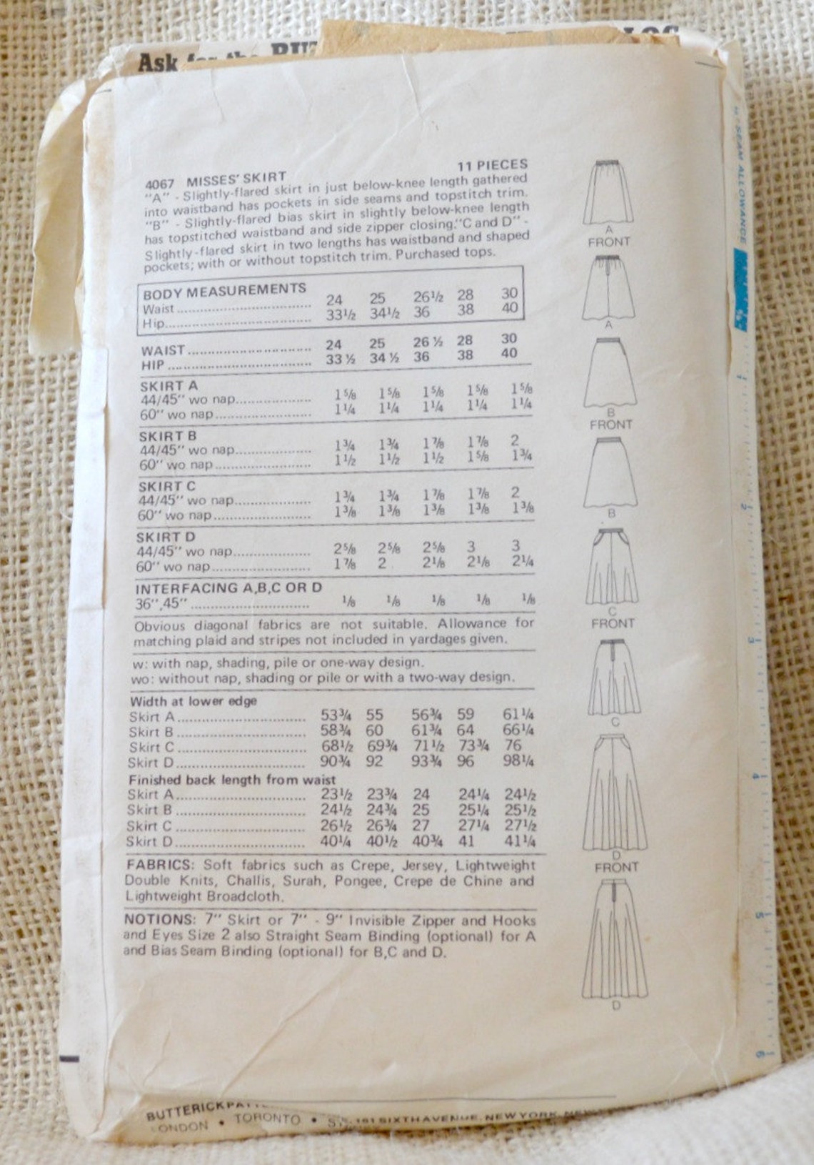 Uncut Butterick 4067 // Vintage Misses' Skirts Sewing Pattern - Etsy