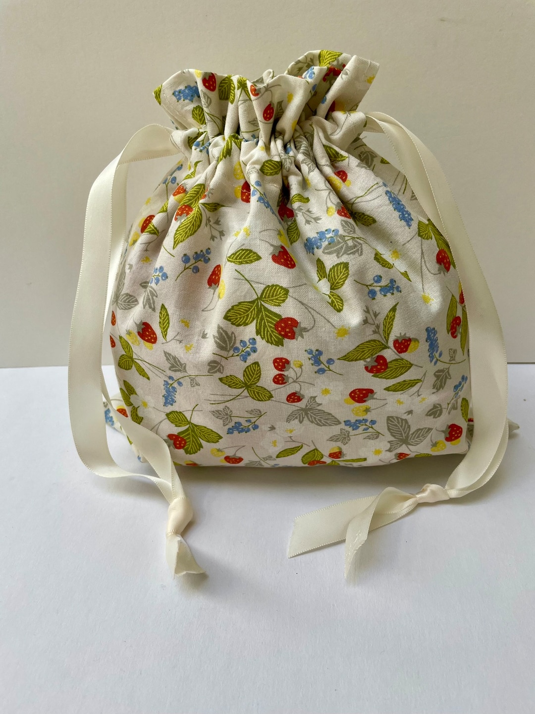 Small Laundry Bag in a Strawberry Print, Cotton Drawstring Storage Bag ...