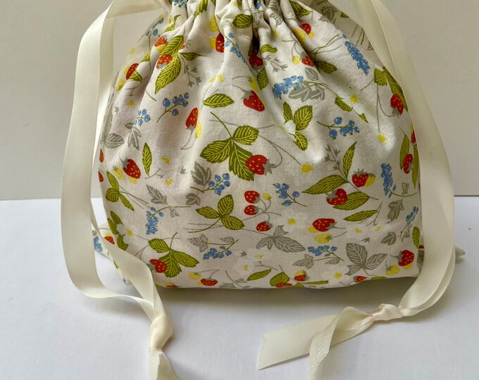 Small Laundry Bag in a Strawberry Print, Cotton Drawstring Storage Bag ...