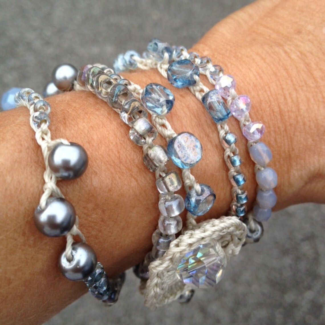 Periwinkle Blue Crystal and Gray Pearl Crocheted Beaded Wrap Bracelet ...