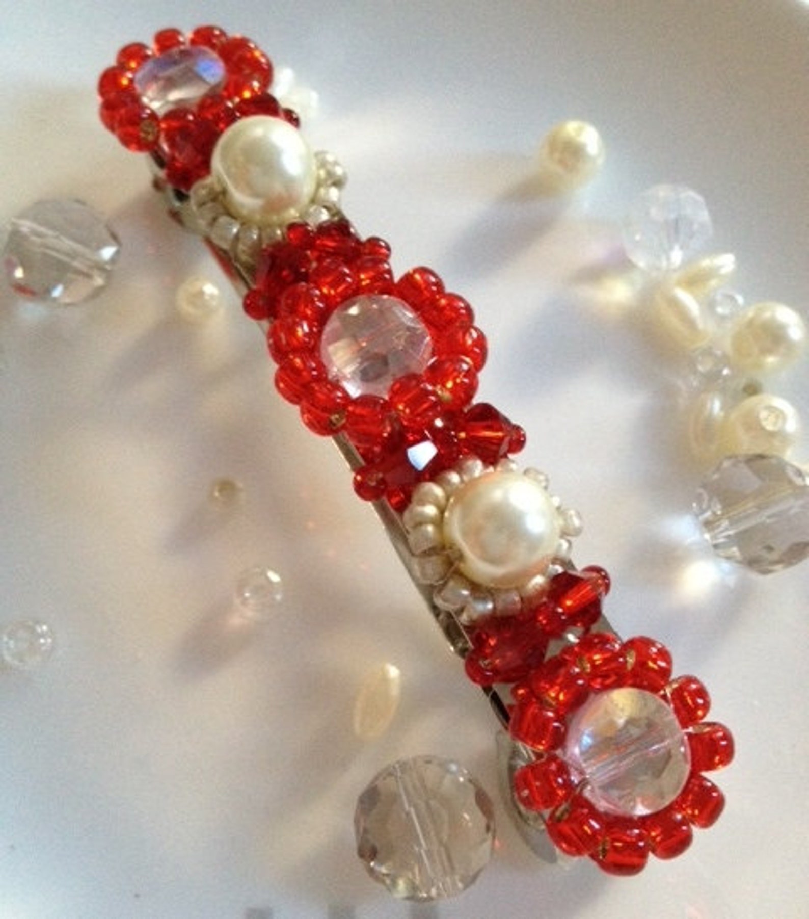 Red Crystal, Clear Crystal, Pearl Beaded Hair Barrette, Hair Clips ...