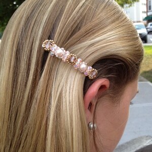 Pearl and Pink Champagne Crystal Beaded Hair Barettes Wedding - Etsy