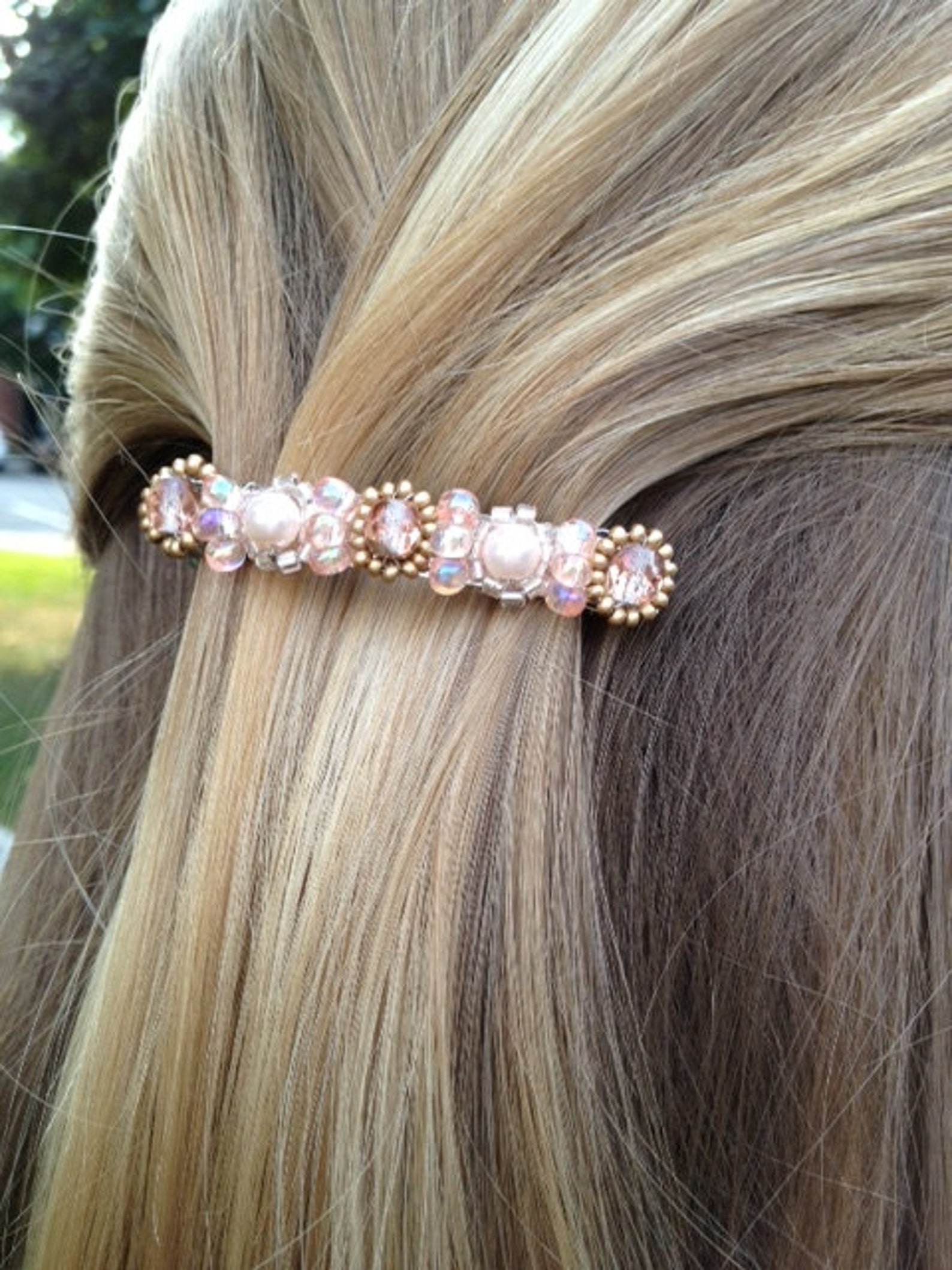 Pearl and Pink Champagne Crystal Beaded Hair Barettes Wedding - Etsy