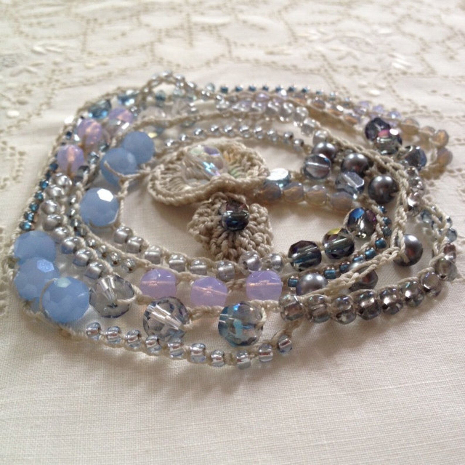 Periwinkle Blue Crystal and Gray Pearl Crocheted Beaded Wrap Bracelet ...