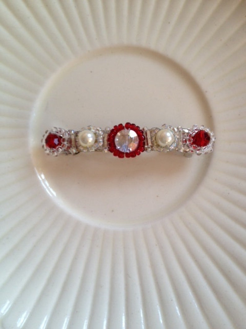 Garnet Red Beaded, Ivory Glass Pearl, Iridescent Clear Crystals ...