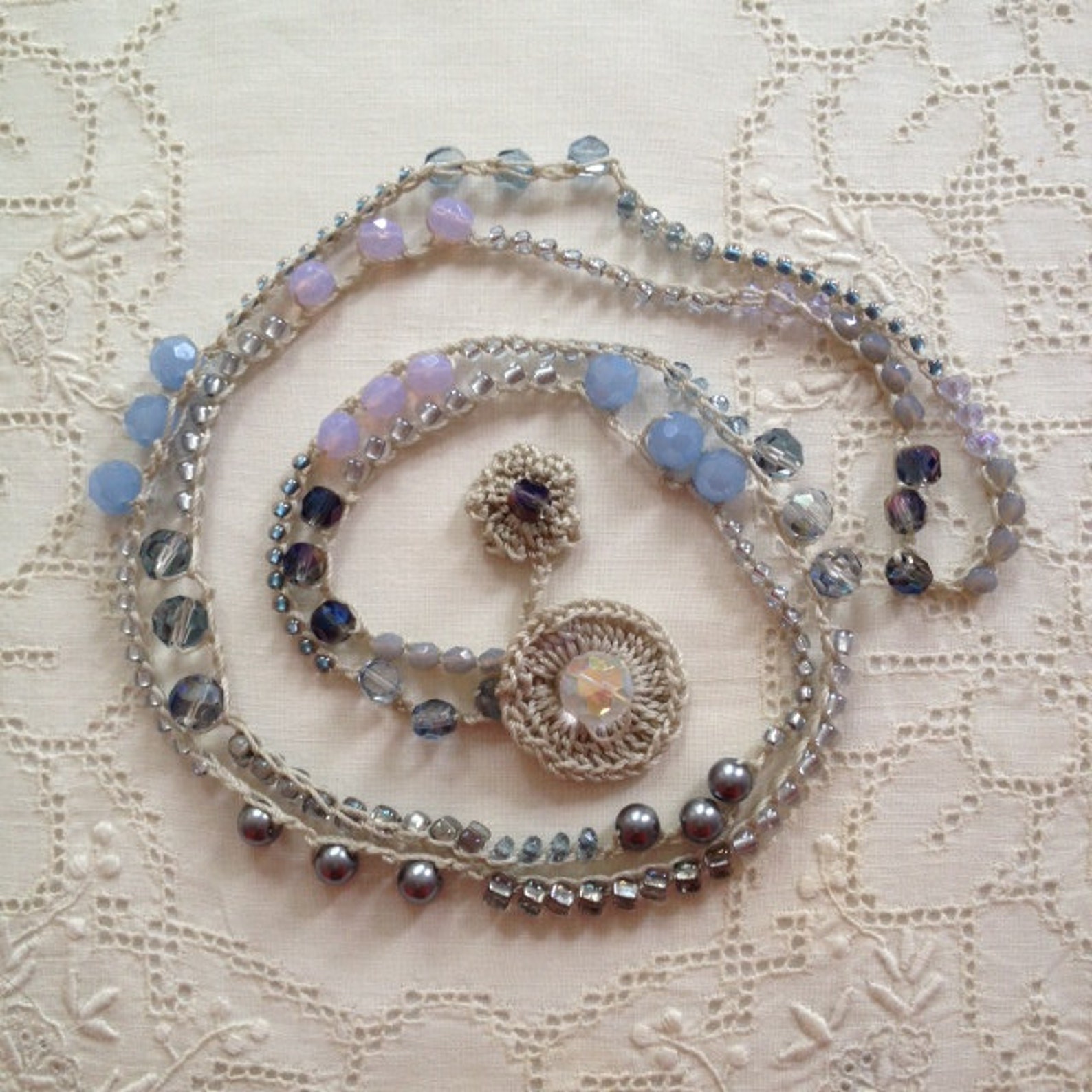 Periwinkle Blue Crystal and Gray Pearl Crocheted Beaded Wrap Bracelet ...