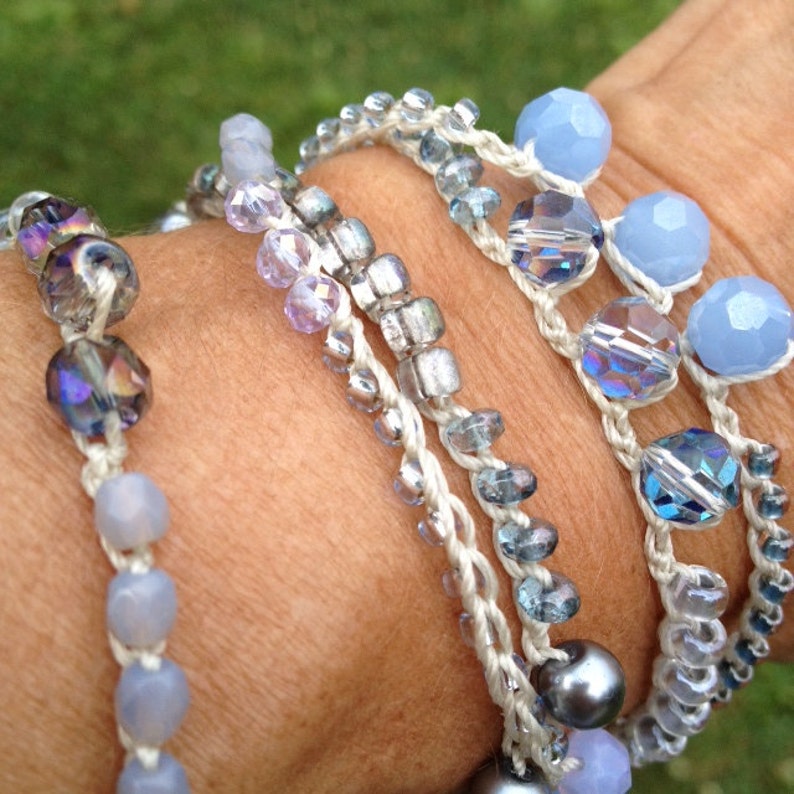 Periwinkle Blue Crystal and Gray Pearl Crocheted Beaded Wrap Bracelet ...