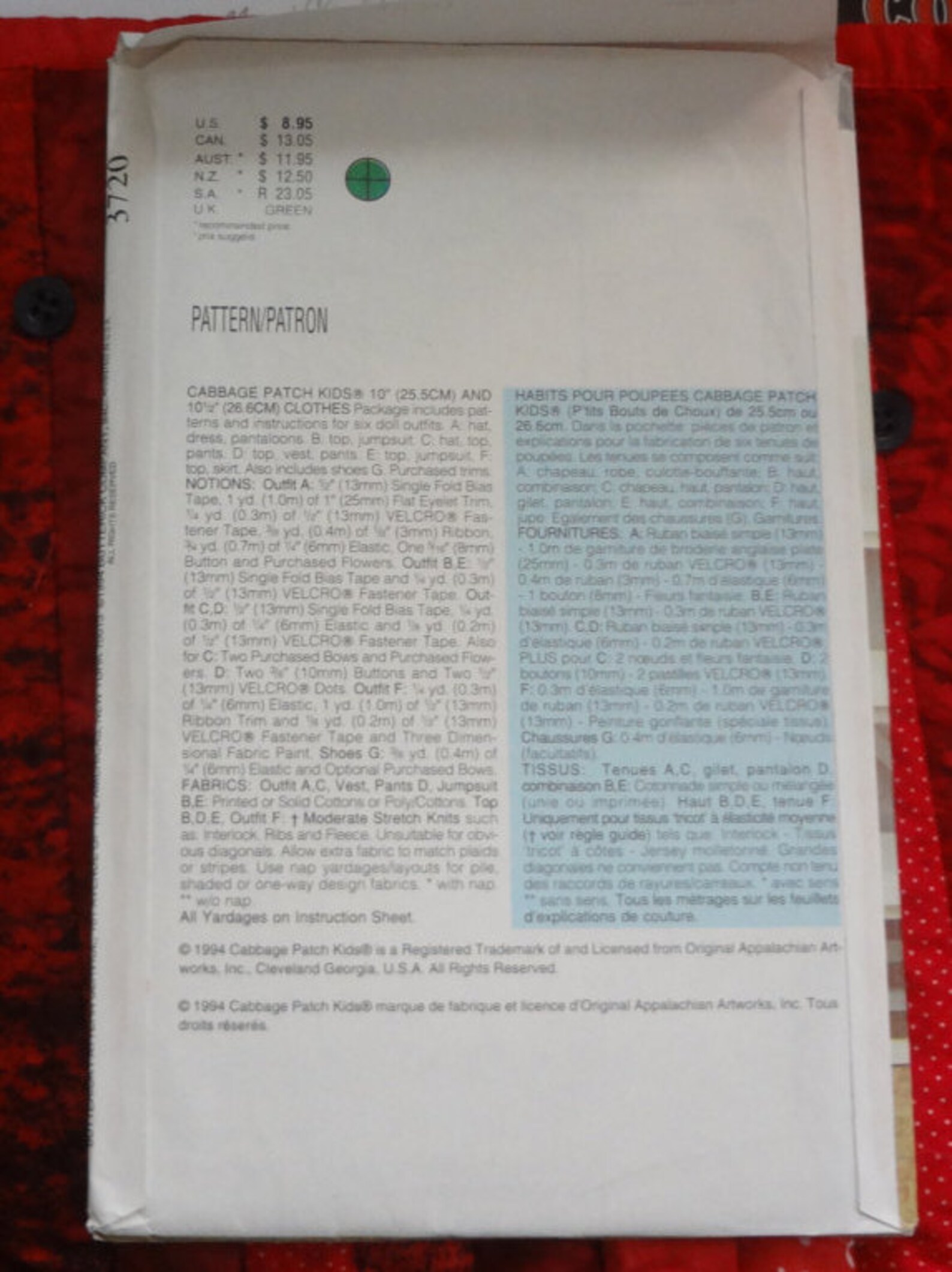 UNCUT Butterick 3720 CABBAGE PATCH Kids Six Doll Outfits 1994 - Etsy