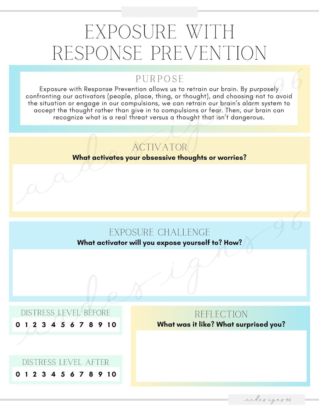 Exposure With Response Prevention Therapy Worksheet for OCD / Anxiety ...