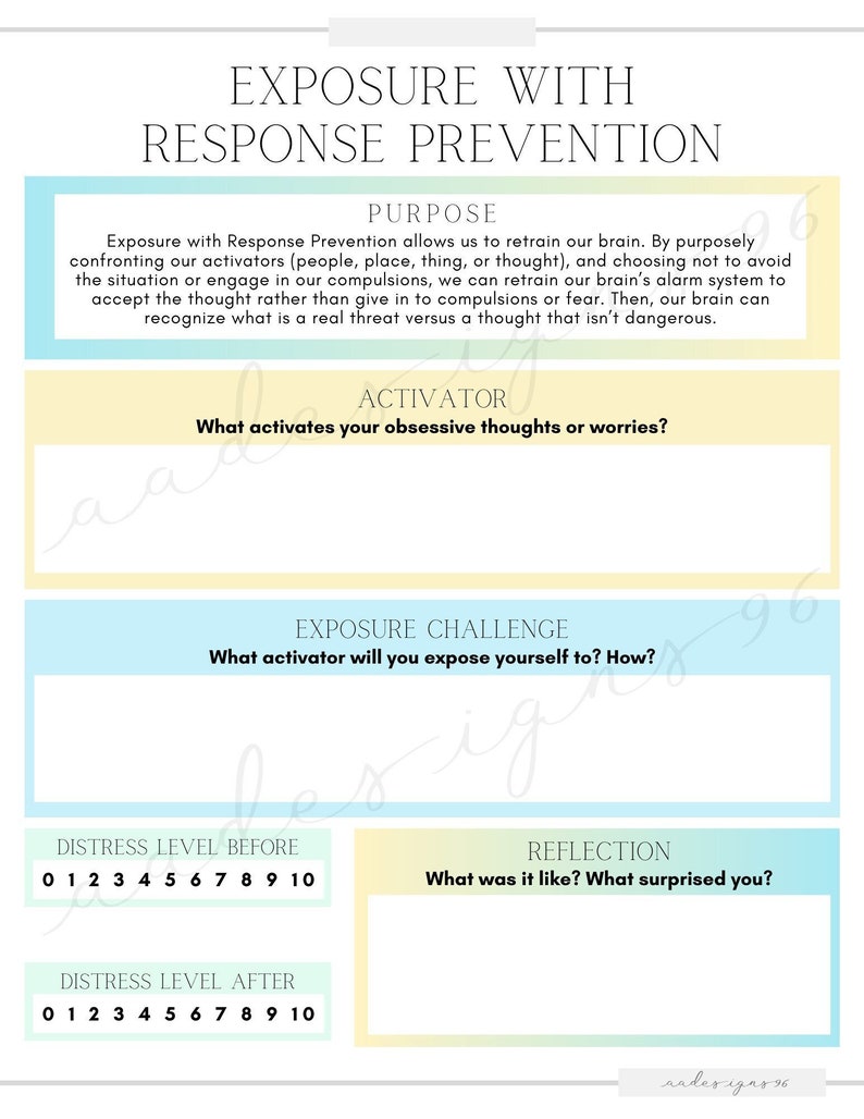 Exposure With Response Prevention Therapy Worksheet for OCD / Anxiety ...
