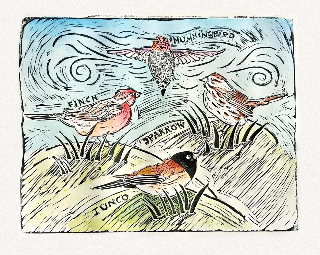 Linocut Backyard Birds Finch Sparrow Hummingbird California Birds ...