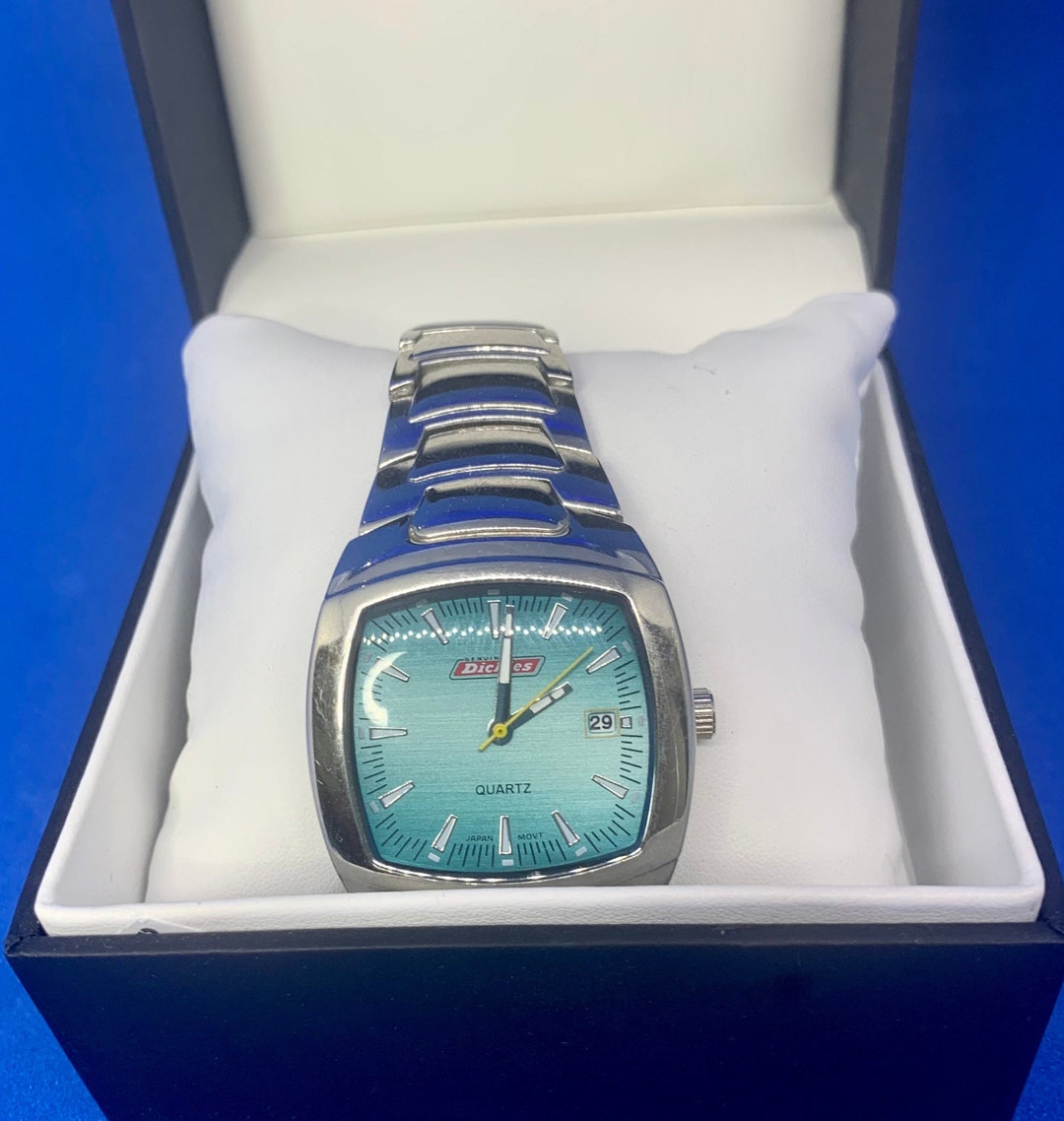 Vintage Dickies Wrist Watch Silver Tone Stainless Steel Beautiful Blue ...