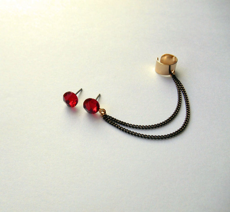 Red Crystal Ear Cuff Earrings Stud earrings with chains Many | Etsy