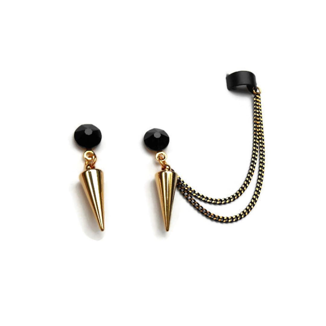 Gold Spike Ear Cuff Earrings, Rock Style, Black Cuff Earrings, Chain ...