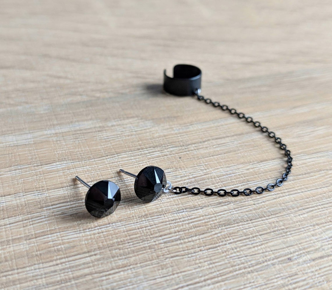 Chain Cuff Earrings, Earring Studs With Chain and Cuff, Gift for Women ...