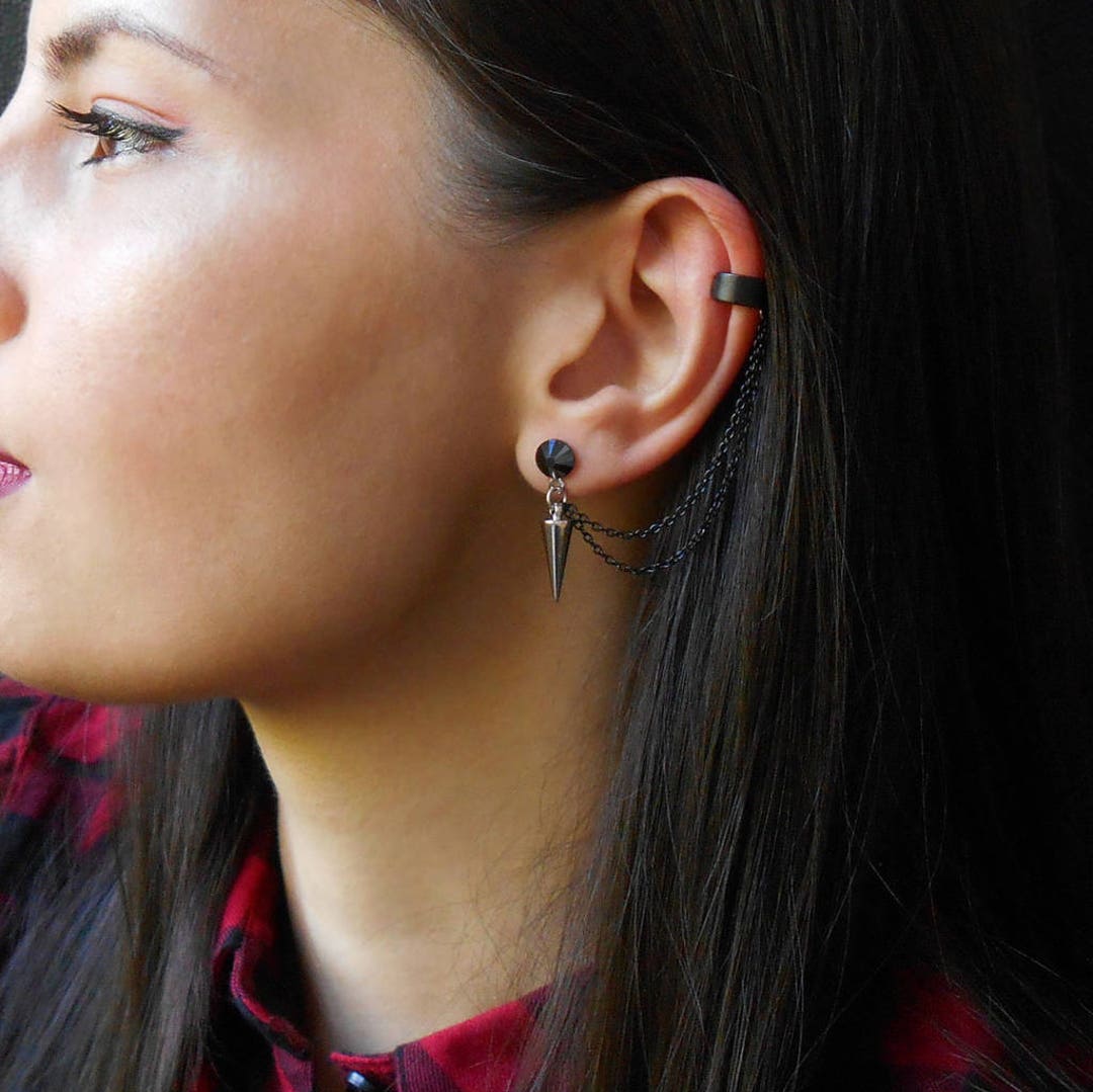 Black Ear Cuff Earrings Spike Ear Cuff Earrings Black Chain - Etsy