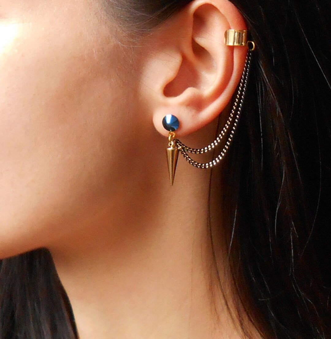 Spike Ear Cuff Earrings, Gold Spike Earrings, Rock Style, Chain Ear ...